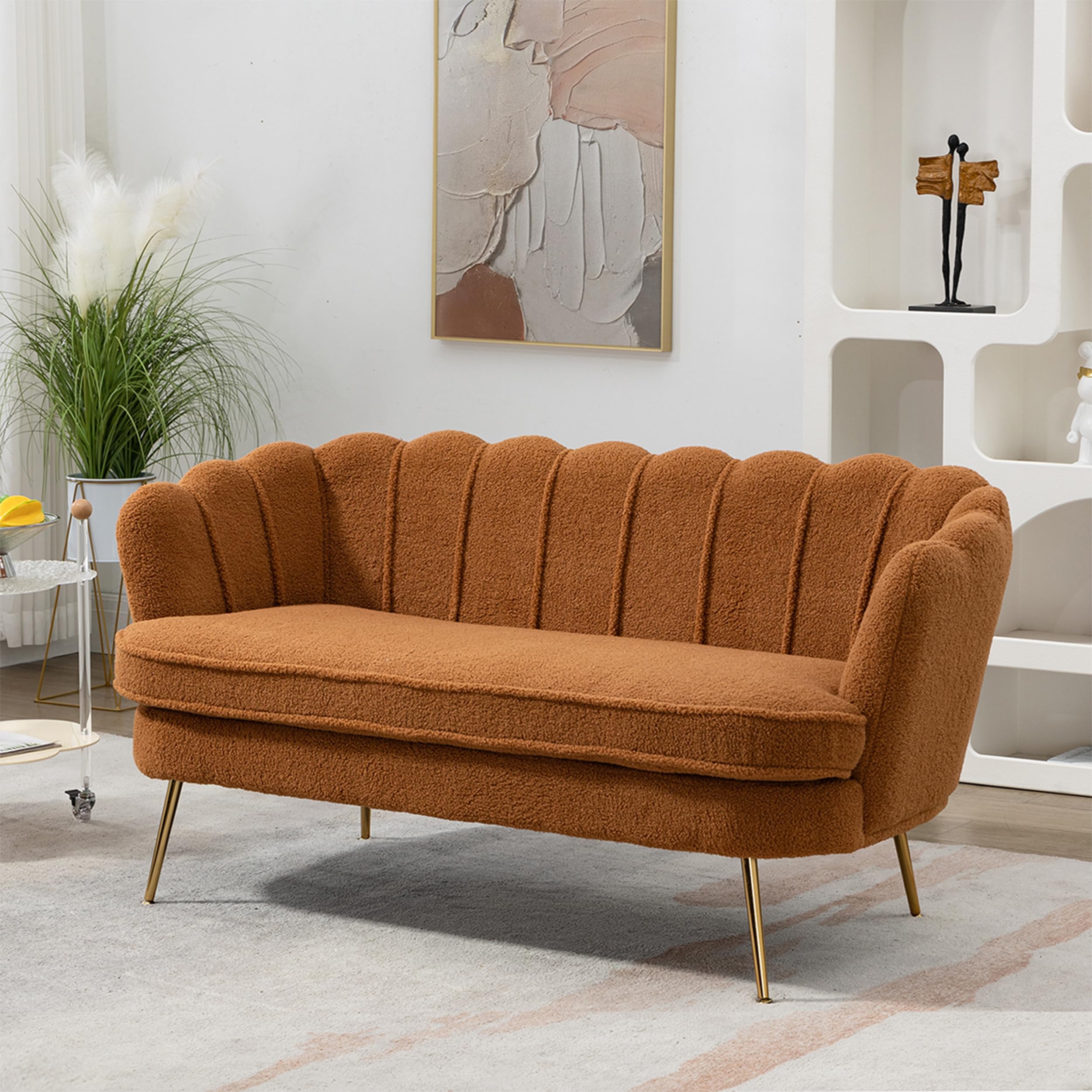 Majnesvon 61" Modern Loveseat Sofa Couch,Cashmere Fabric Small Love Seat w/2 Pillows and Metal Legs,2-Seater Upholstered Mini Sofa Couches for Small Space,Living Room Bedroom Office (Orange)