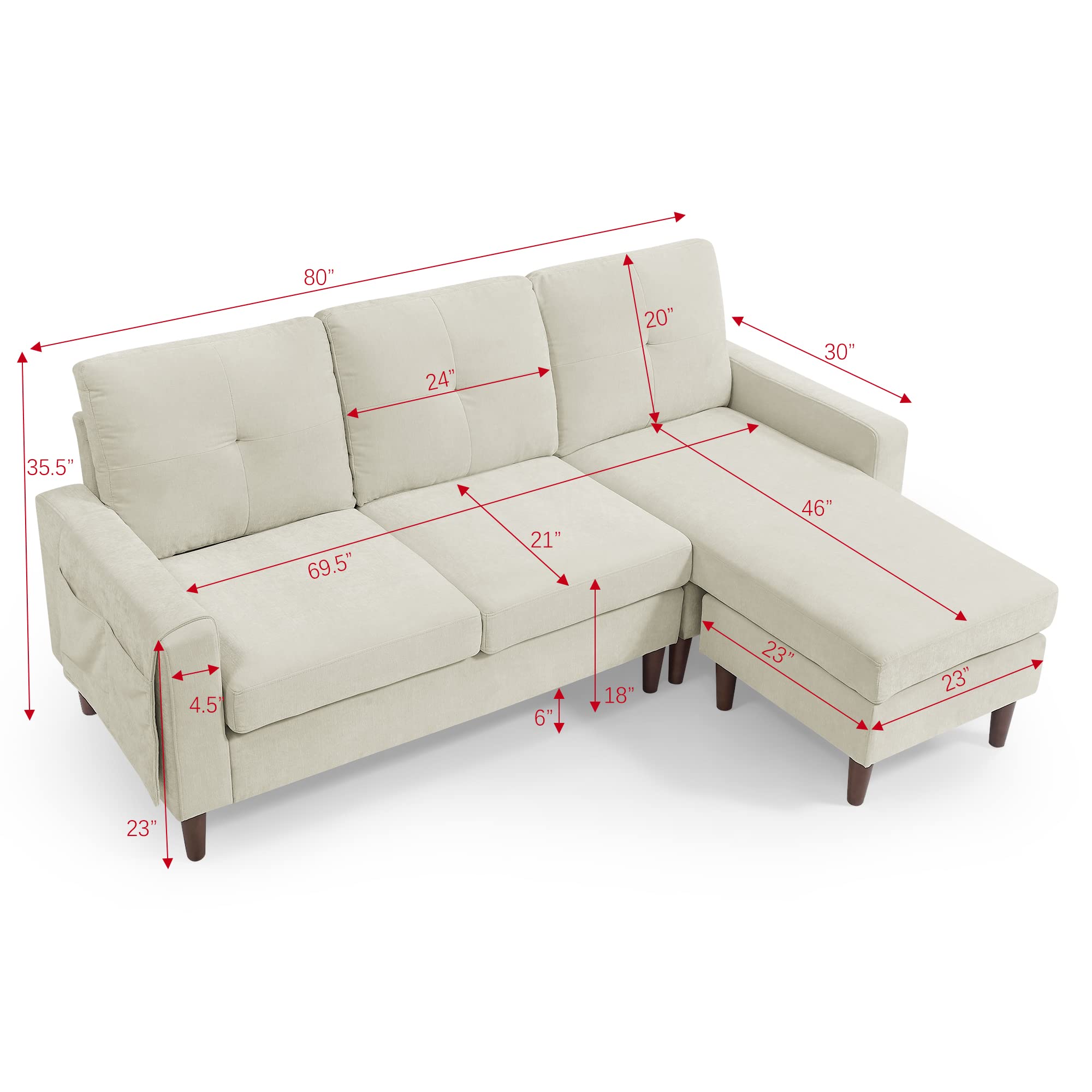 Prohon 80” L-Shape Sectional Sofa Chenille Fabric Retro Removable Cushions and Pocket, Rubber Wood Legs, 3 Seats Modern Convertible Futon Couches for Living Room/Small Space, Beige
