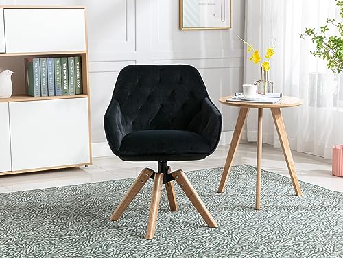 Swivel Accent Chair,Dining Chair No Wheels with Solid Wood Legs,Upholstered Button Tufted Desk Chair,Modern Home Office Chair for Living Room Bedroom Small Space,Weight Capacity 300 LBS,Black