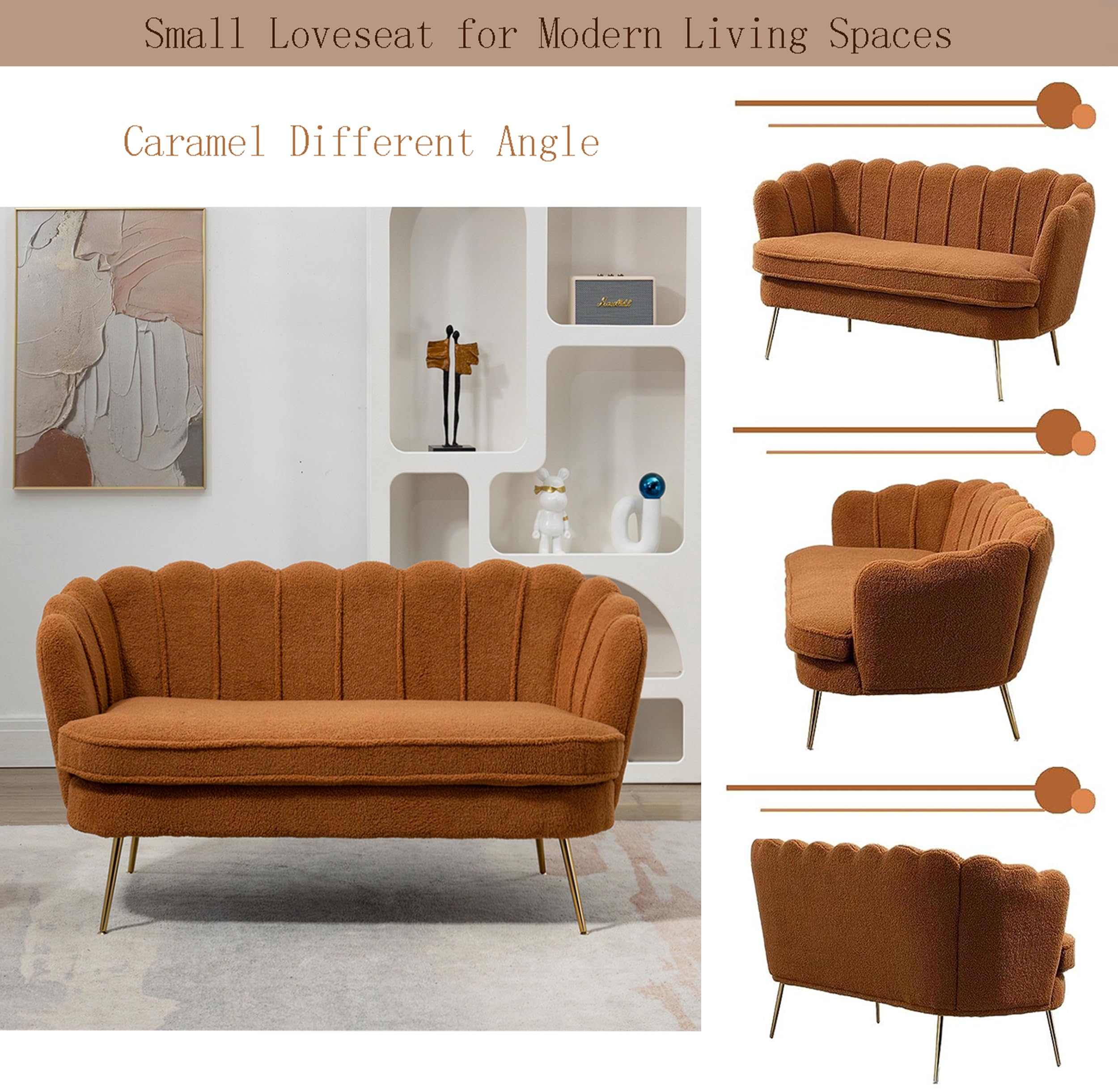 Majnesvon 61" Modern Loveseat Sofa Couch,Cashmere Fabric Small Love Seat w/2 Pillows and Metal Legs,2-Seater Upholstered Mini Sofa Couches for Small Space,Living Room Bedroom Office (Orange)