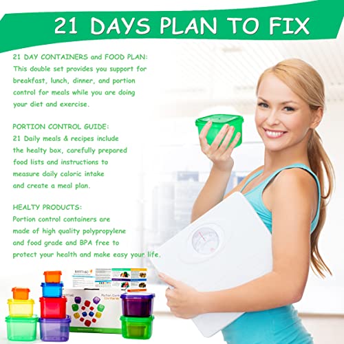 BHYTAKI Portion Control Containers, Double Set (14 Pieces) 21 Day Fix Container and Food Plan, 21 Day Food Portion Containers for Weight Loss with Tally Chart and Food Plan