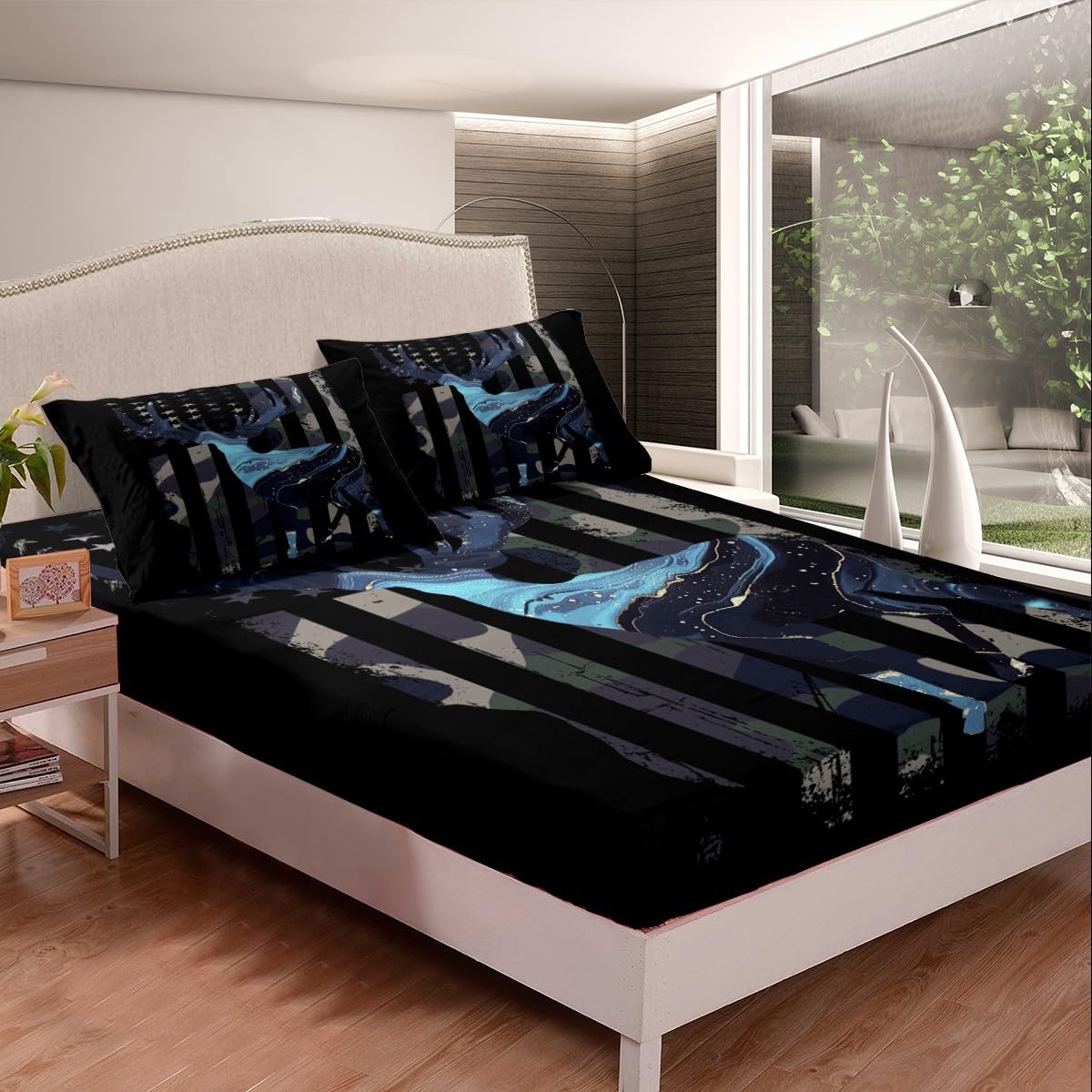 American Flag Deer Bed Sheets Set Twin Size, Deer Antler Forest Camo Sheet Set for Boys Girls Marble Teaxture Deer Sheets with Deep Pocket Fitted Sheet Deer Hunting Bedding Set with 1 Pillow Case