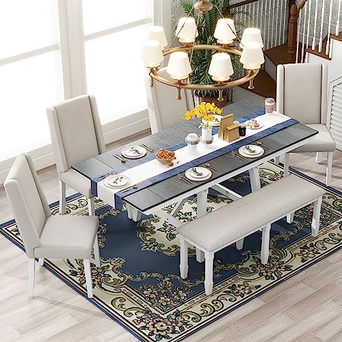 HAUSHECK Classic 4-6, Modern Home Furniture Small Space with Rectangular Extendable Table w/Two 12" W Removable Leaves, Upholstered Bench & Chairs w/Wing Back, Kitchen & Dining Room Sets for 6, White