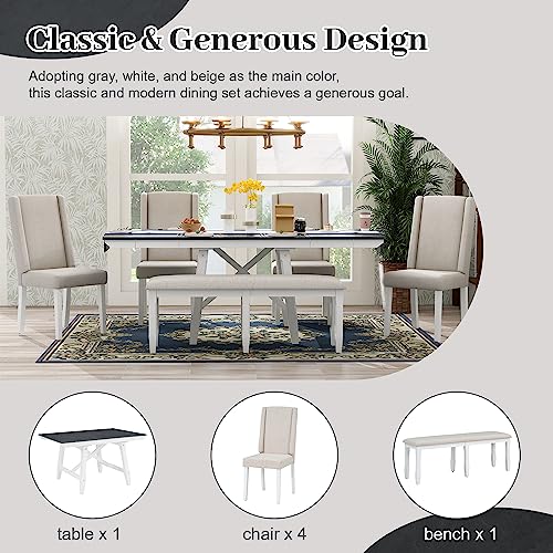 HAUSHECK Classic 4-6, Modern Home Furniture Small Space with Rectangular Extendable Table w/Two 12" W Removable Leaves, Upholstered Bench & Chairs w/Wing Back, Kitchen & Dining Room Sets for 6, White