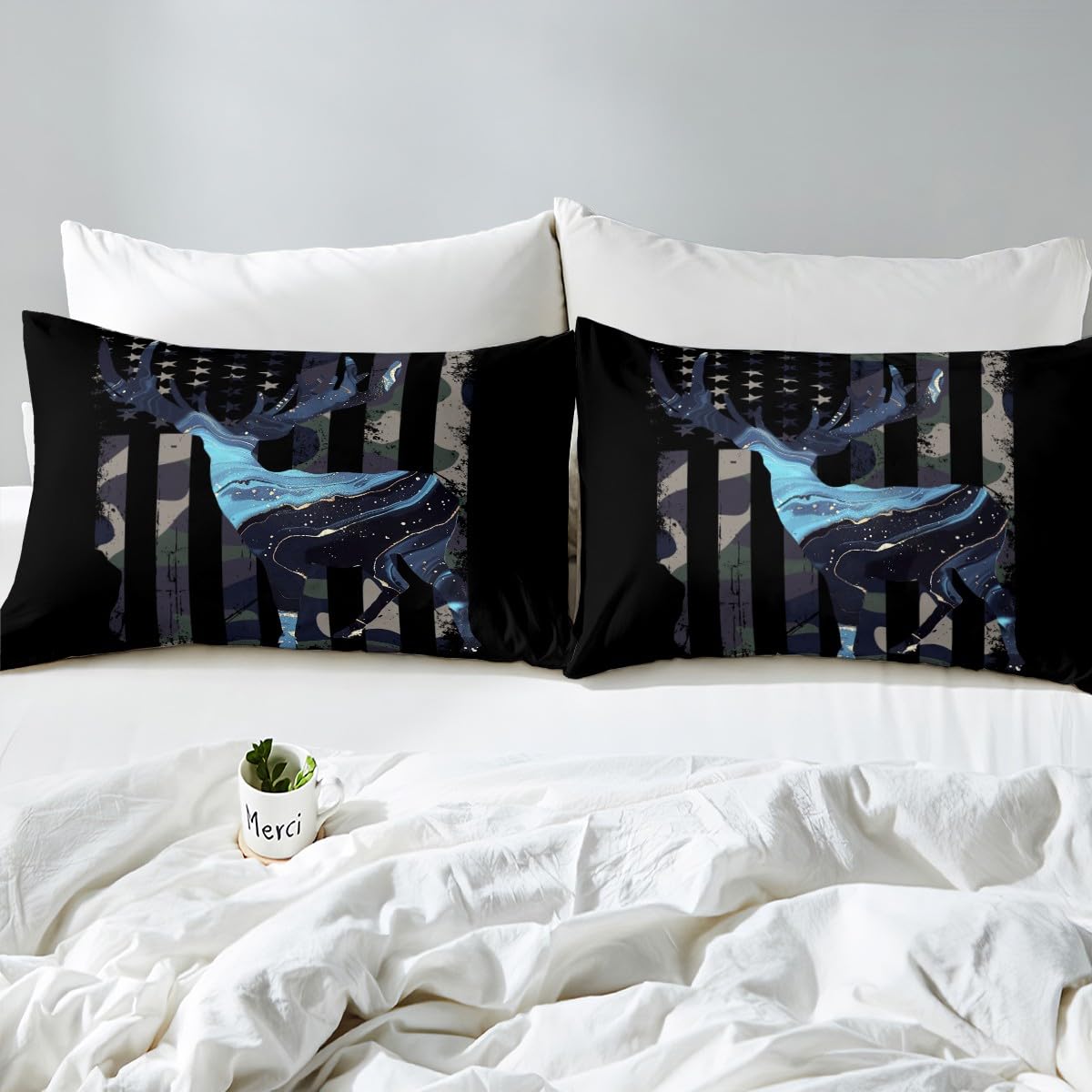 American Flag Deer Bed Sheets Set Twin Size, Deer Antler Forest Camo Sheet Set for Boys Girls Marble Teaxture Deer Sheets with Deep Pocket Fitted Sheet Deer Hunting Bedding Set with 1 Pillow Case