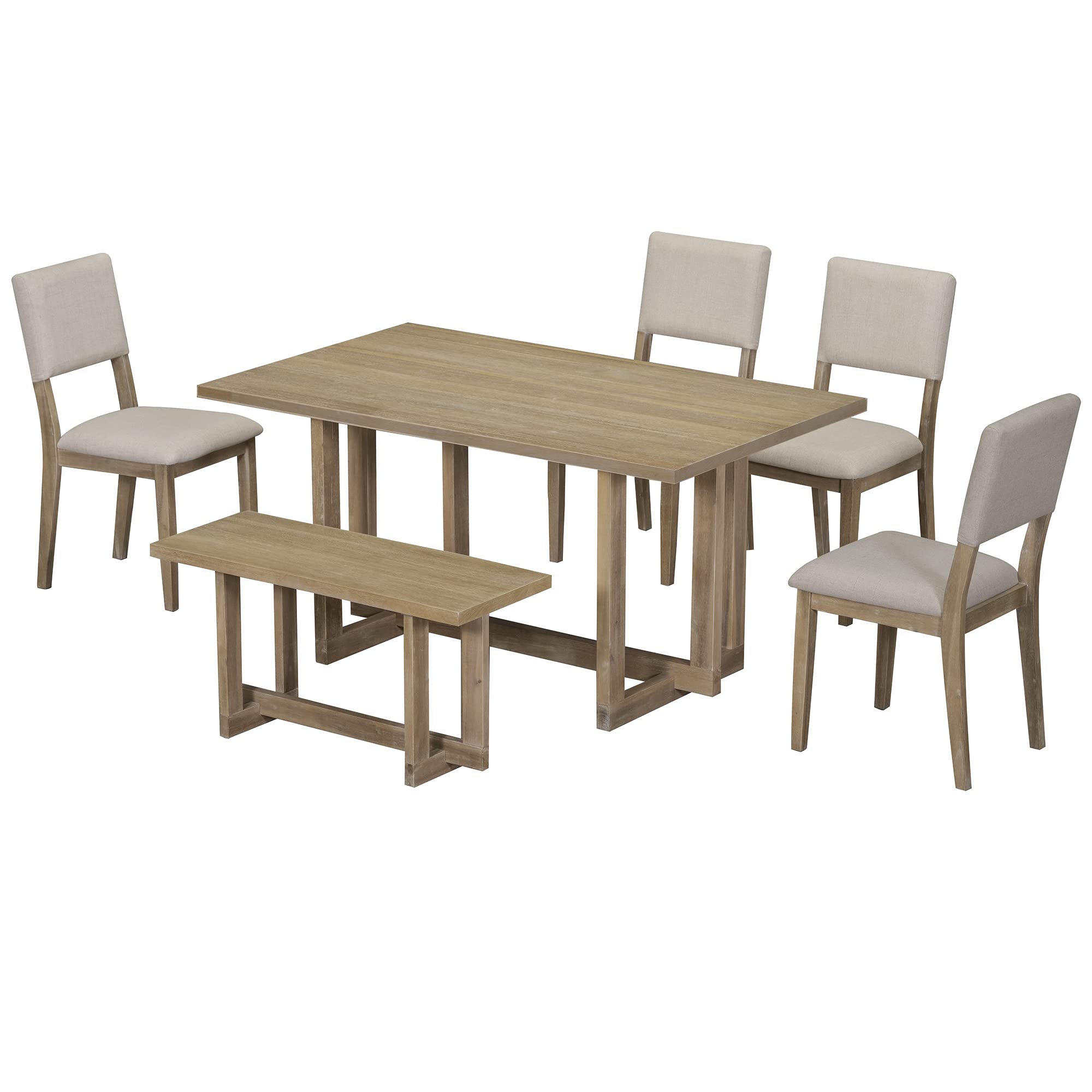 KoiHome 6-Piece Retro H-Shaped Support Design Dining, 4 Chairs with Soft Cushions Bench, Kitchen Table Set for Home/Restaurant Furniture (Natural Wood Wash)