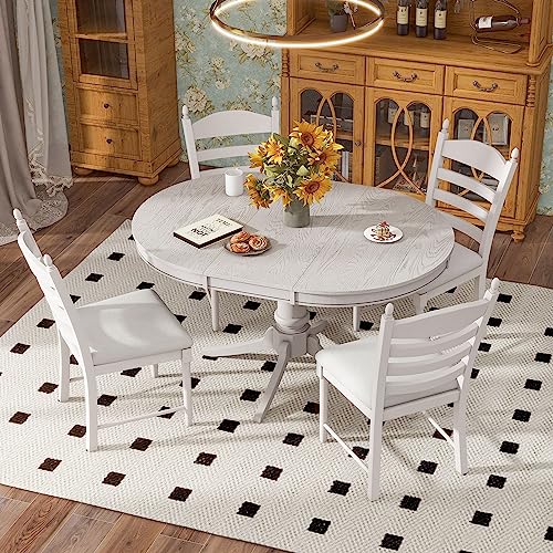 POCIYIHOME 5-Piece Retro Functional 42"-58" Wood Round Extendable 4 Upholstered Chairs, Set of 5, Family Dining Table Set for Restaurant, Kitchen (Antique White)