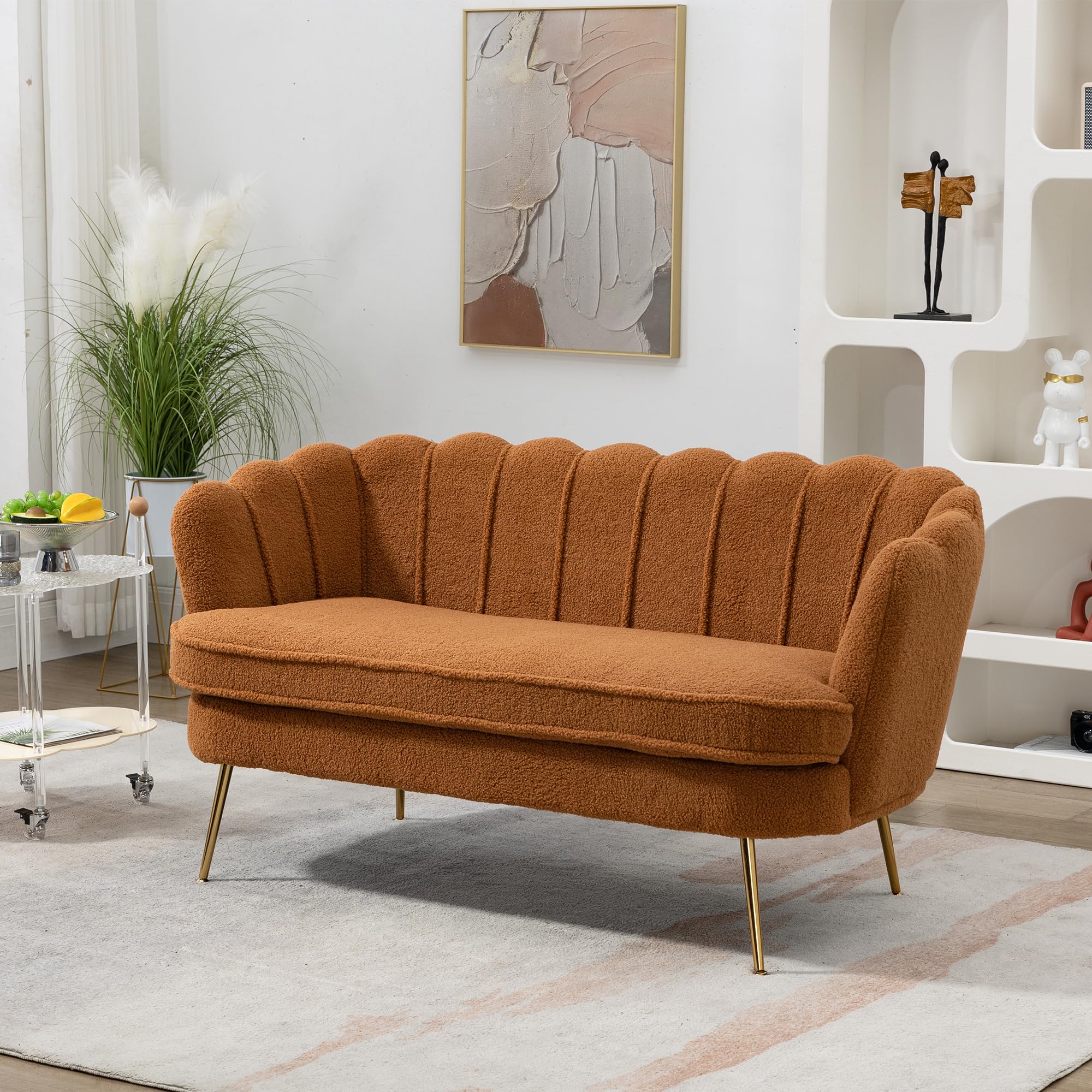 Majnesvon 61" Modern Loveseat Sofa Couch,Cashmere Fabric Small Love Seat w/2 Pillows and Metal Legs,2-Seater Upholstered Mini Sofa Couches for Small Space,Living Room Bedroom Office (Orange)