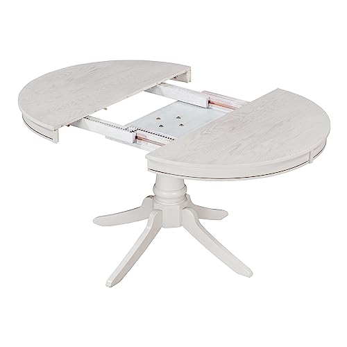 POCIYIHOME 5-Piece Retro Functional 42"-58" Wood Round Extendable 4 Upholstered Chairs, Set of 5, Family Dining Table Set for Restaurant, Kitchen (Antique White)