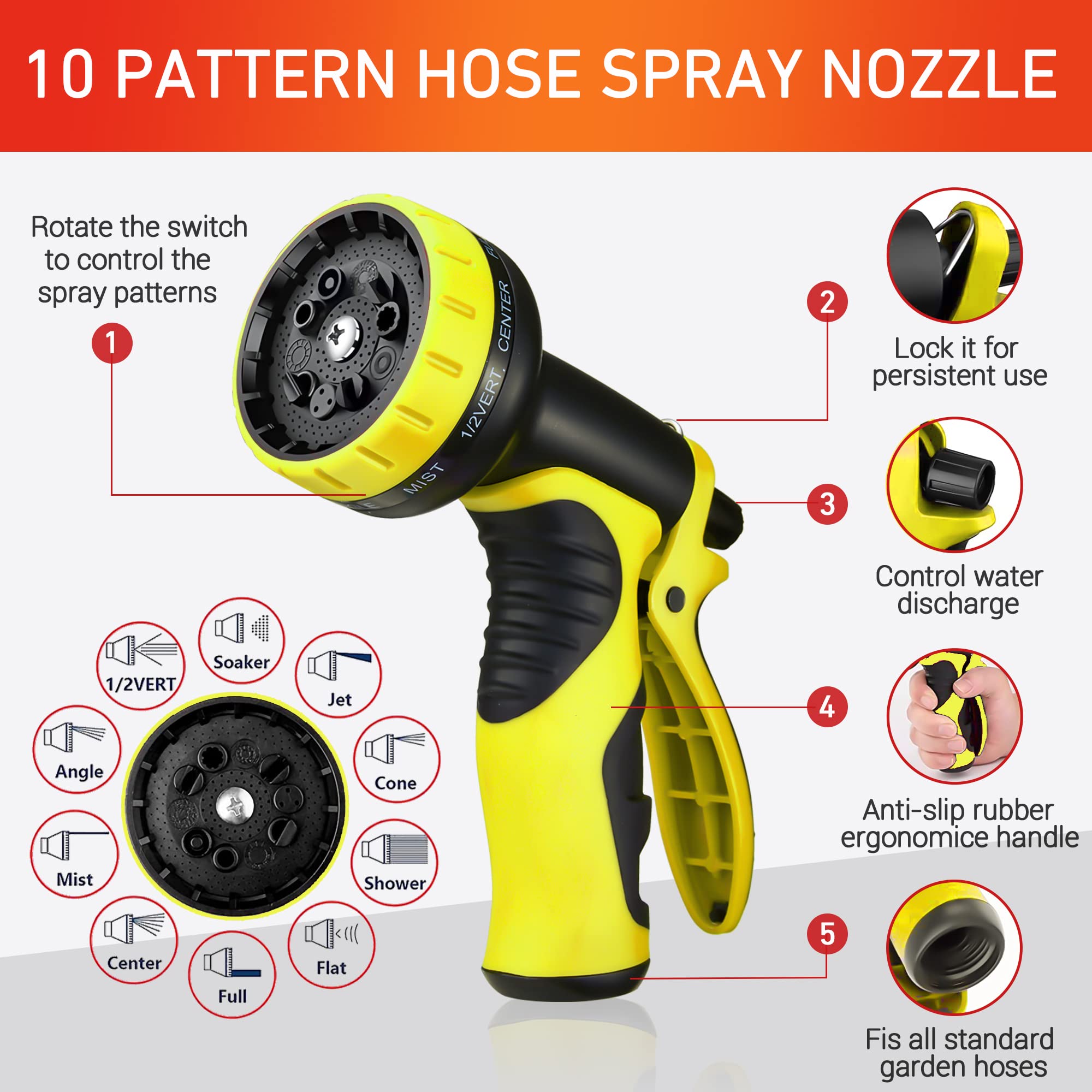 Adimos Hybrid Garden Hose 100 ft x 5/8", Heavy Duty Flexible Lightweight Water Hose 100ft with 10 Function Sprayer Nozzle, 3/4'' Solid Brass Fittings, Ultra Durable, All-weather