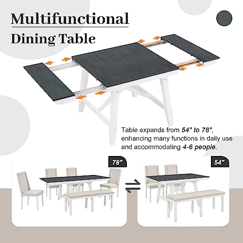 HAUSHECK Classic 4-6, Modern Home Furniture Small Space with Rectangular Extendable Table w/Two 12" W Removable Leaves, Upholstered Bench & Chairs w/Wing Back, Kitchen & Dining Room Sets for 6, White