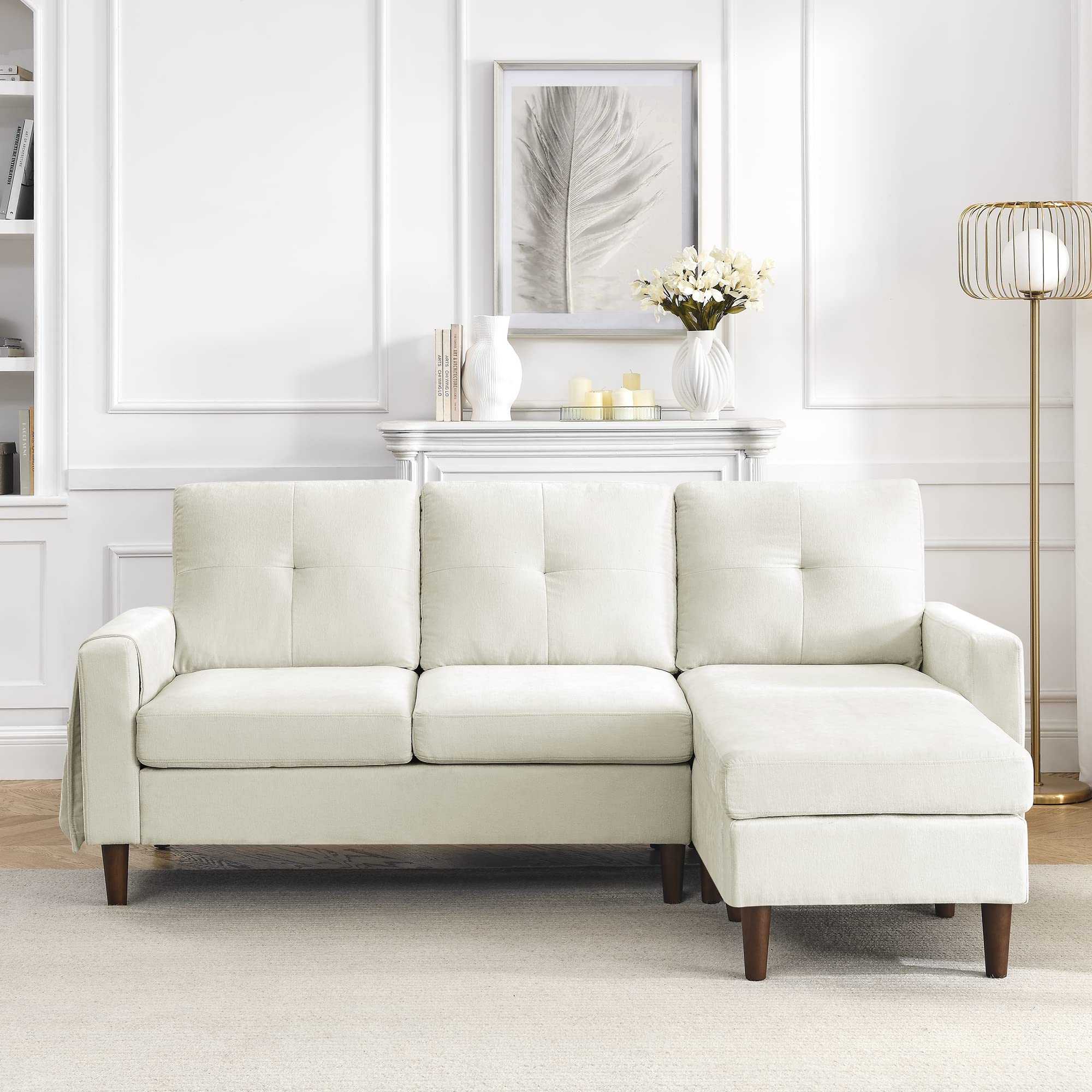 Prohon 80” L-Shape Sectional Sofa Chenille Fabric Retro Removable Cushions and Pocket, Rubber Wood Legs, 3 Seats Modern Convertible Futon Couches for Living Room/Small Space, Beige