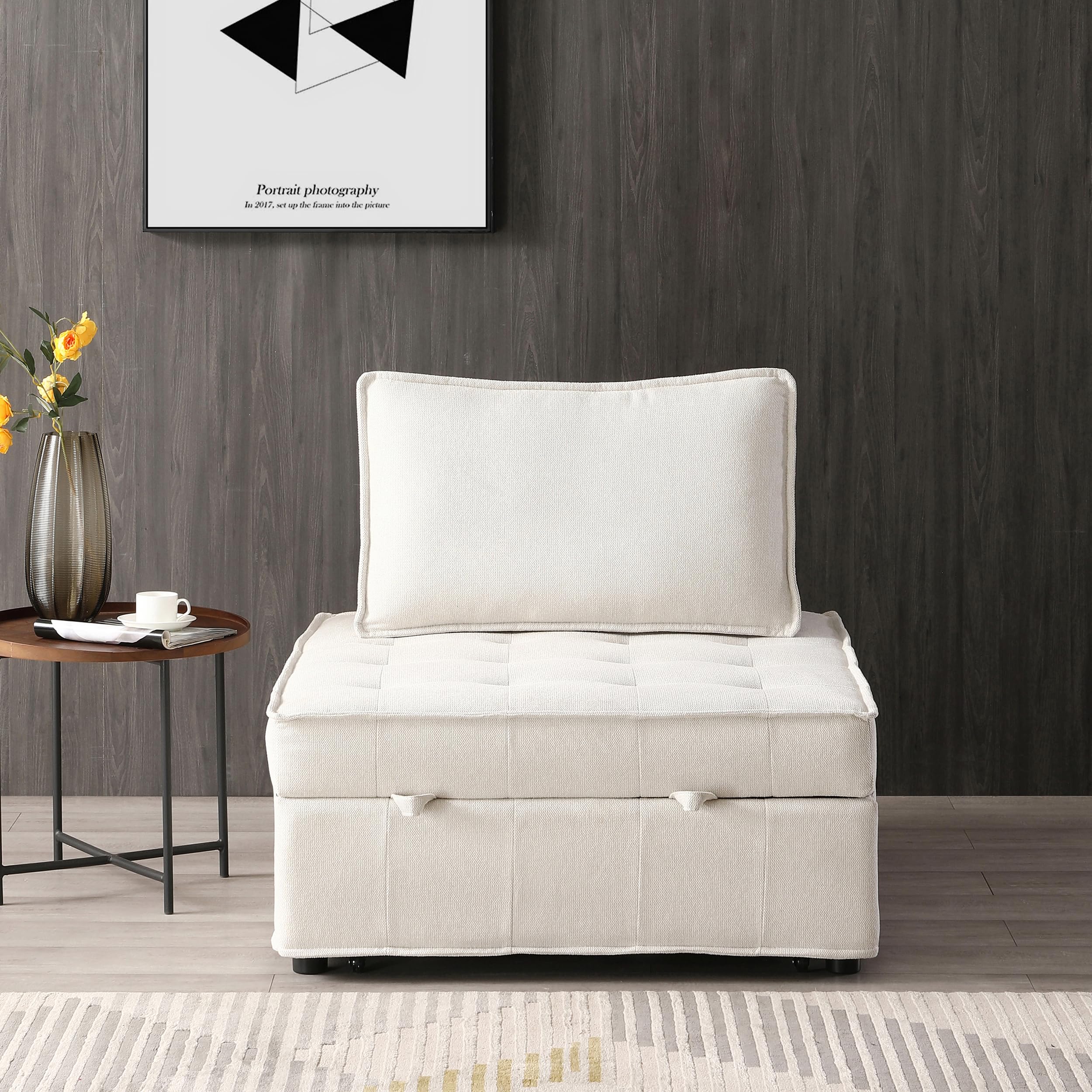 FIQHOME Pull Out Sofa, Small Tufted Velvet Convertible Couch, Easy to Assembly Faux Leather Single Bed with Removeable Backrest for Living Room Apartment (Beige+Fabric)
