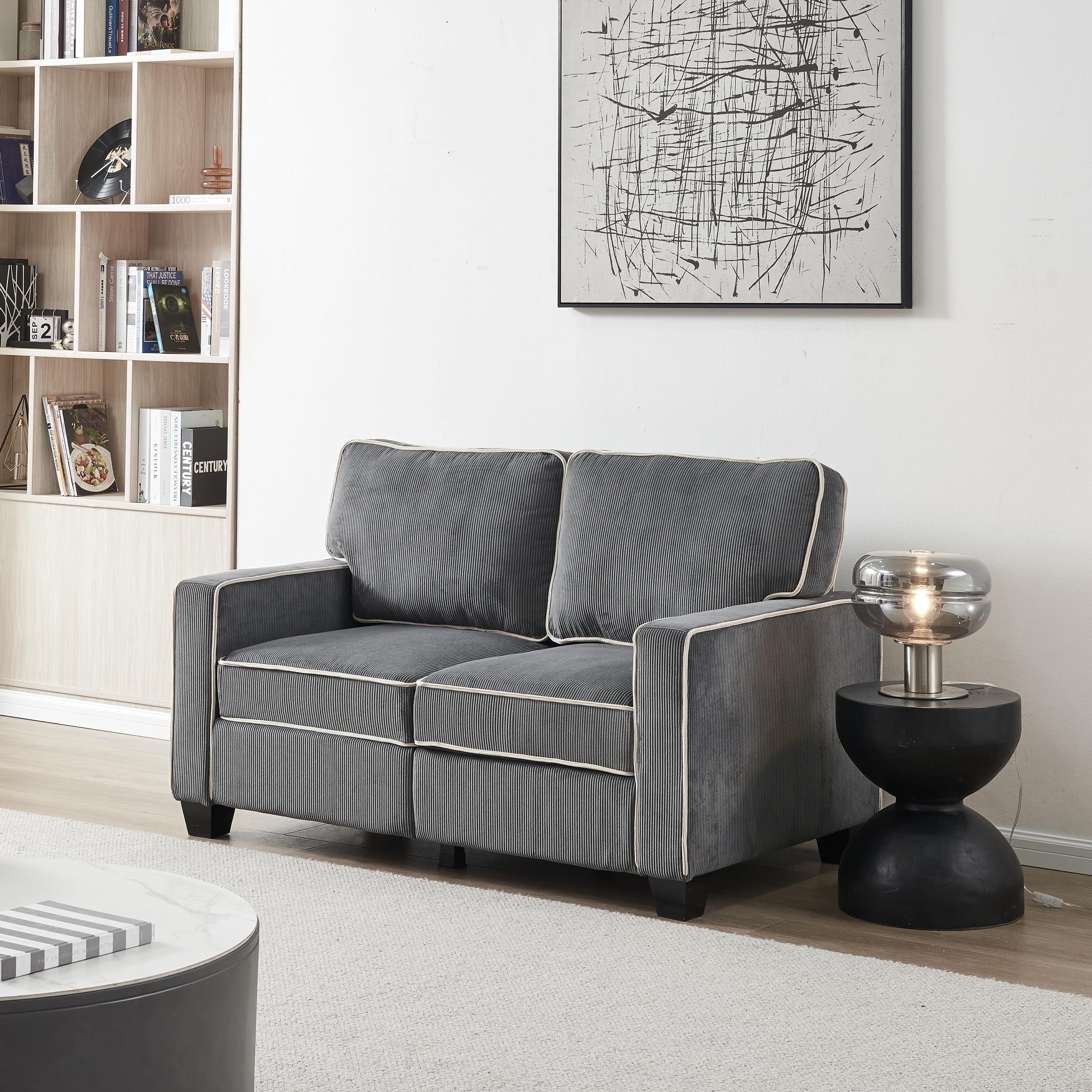 FIQHOME Loveseat Storage,Corduroy Couch Comfort Modern Upholstered Sofa Metal Frame and Solid Wood Legs for Living Room and Bedroom,Light, Dark Grey