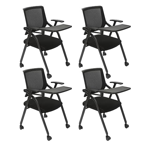 YIYIONCE 4Pack Office Tablet Arm Chair Office Guest Chairs & Reception Chairs with Wheels Foldable Stackable Meeting Chair Black Mesh Bouncing Back Chair for Office Meeting & Reception| US Stock