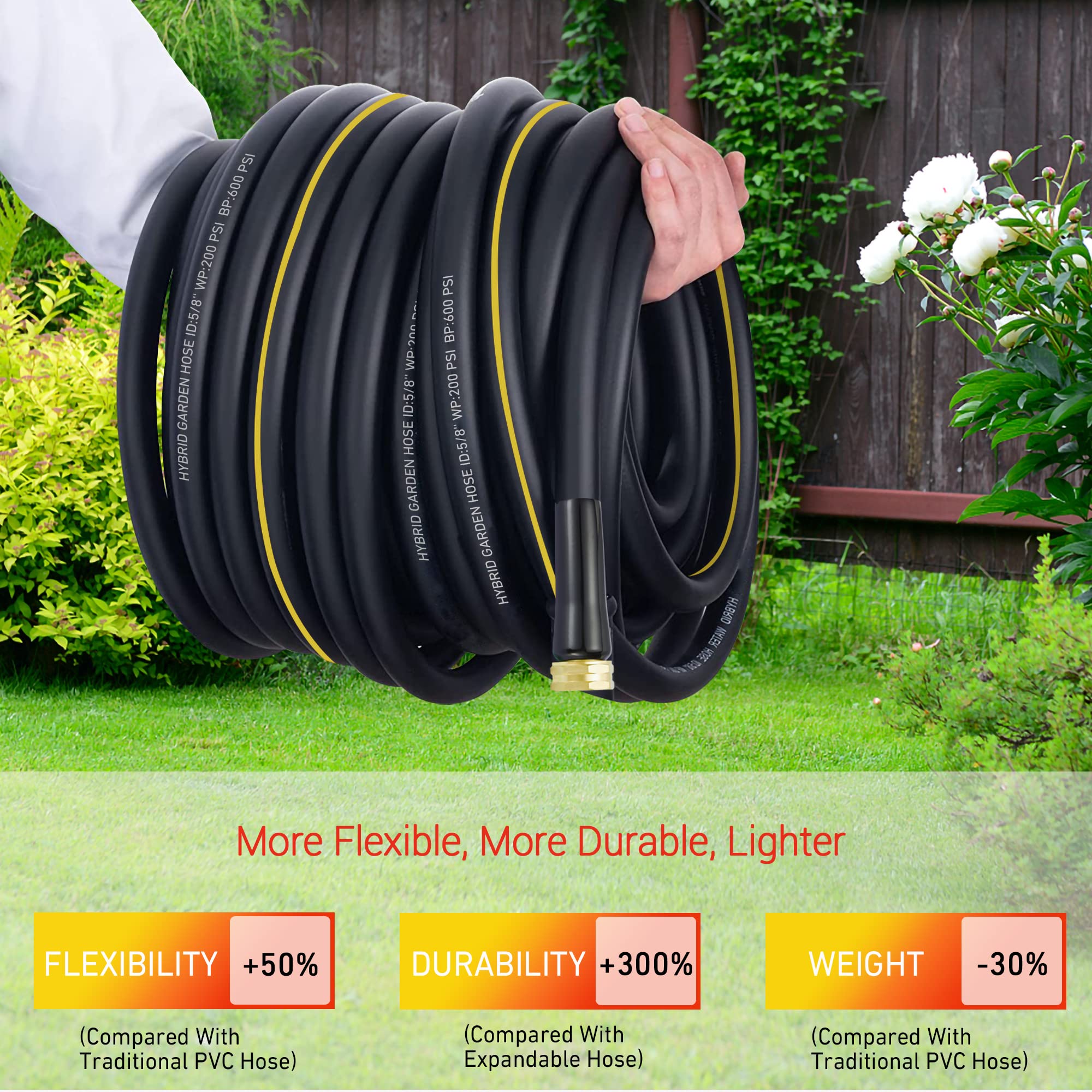 Adimos Hybrid Garden Hose 100 ft x 5/8", Heavy Duty Flexible Lightweight Water Hose 100ft with 10 Function Sprayer Nozzle, 3/4'' Solid Brass Fittings, Ultra Durable, All-weather