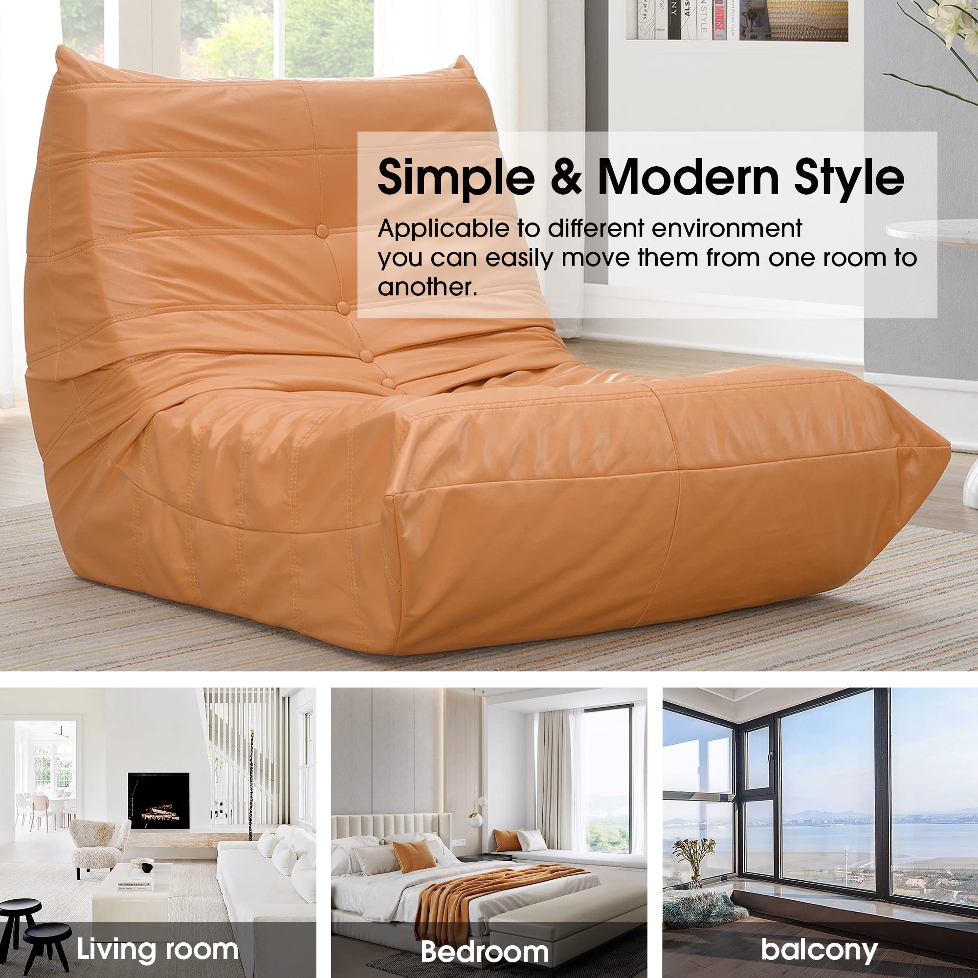 FIQHOME, Comfy Oversized Lazy, Modern Armless Lounge Chair with Backrest Retro Single-Seat,100% Sponge-Filled Sofa for Living Room,Bedroom,Salon,Office,Orange