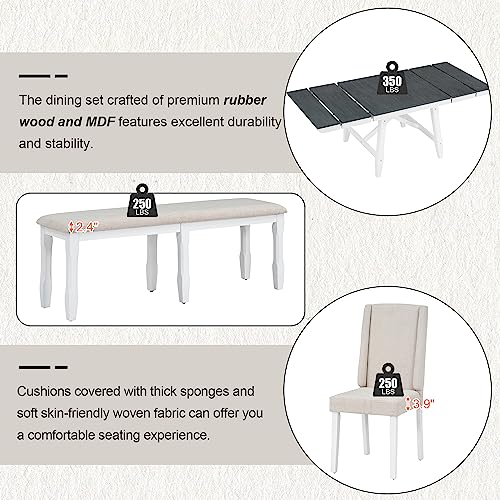 HAUSHECK Classic 4-6, Modern Home Furniture Small Space with Rectangular Extendable Table w/Two 12" W Removable Leaves, Upholstered Bench & Chairs w/Wing Back, Kitchen & Dining Room Sets for 6, White