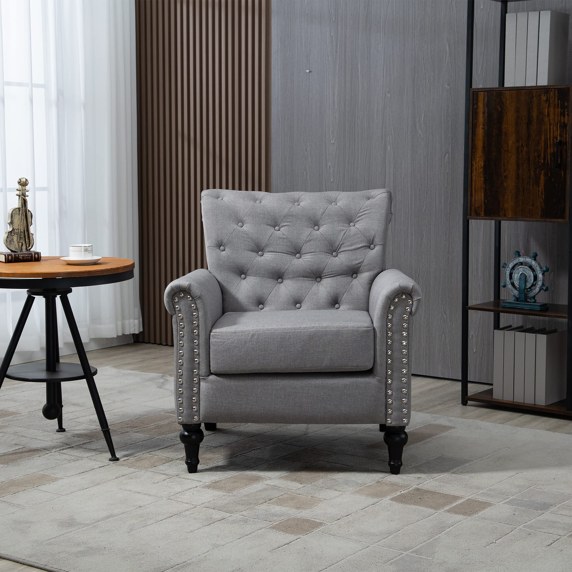Gecheer Mid-Century Modern Accent Chair, Linen Armchair w/Tufted Back/Wood Legs, Upholstered Lounge Arm Chair Single Sofa for Living Room Bedroom, Light Grey