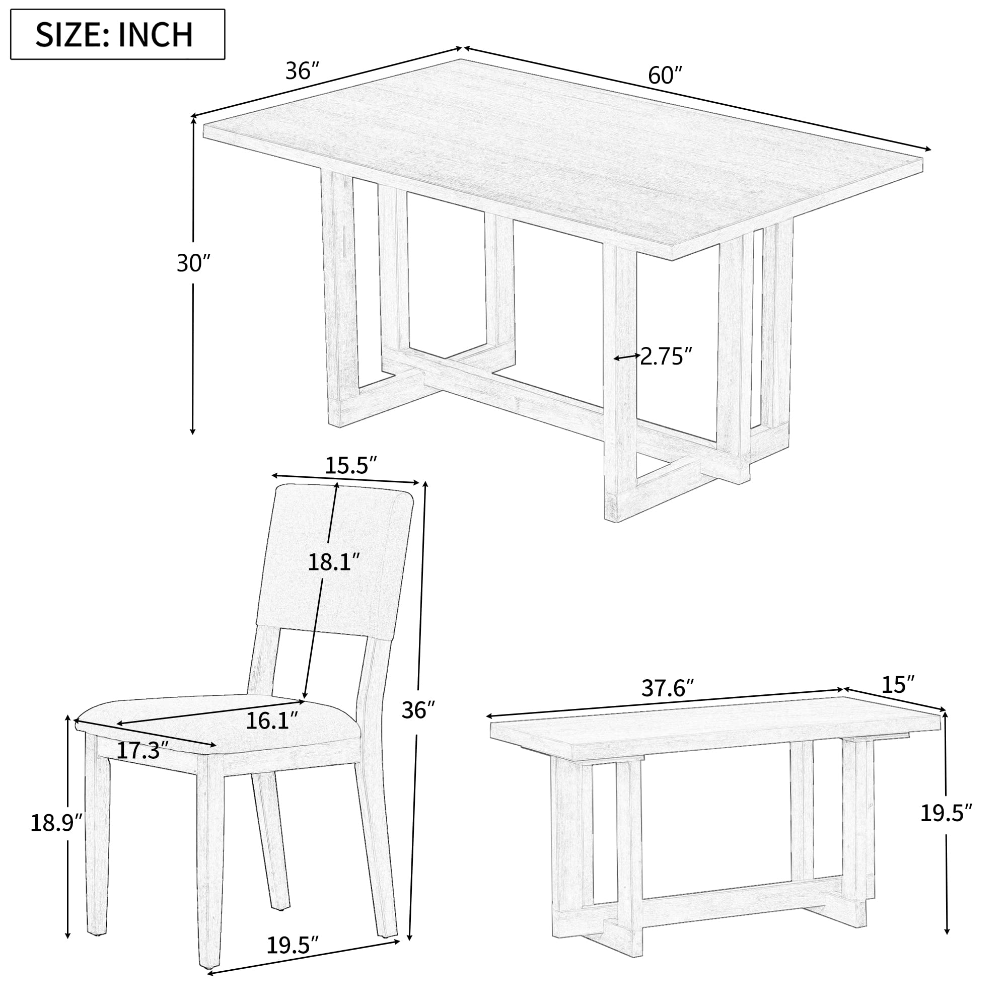 KoiHome 6-Piece Retro H-Shaped Support Design Dining, 4 Chairs with Soft Cushions Bench, Kitchen Table Set for Home/Restaurant Furniture (Natural Wood Wash)