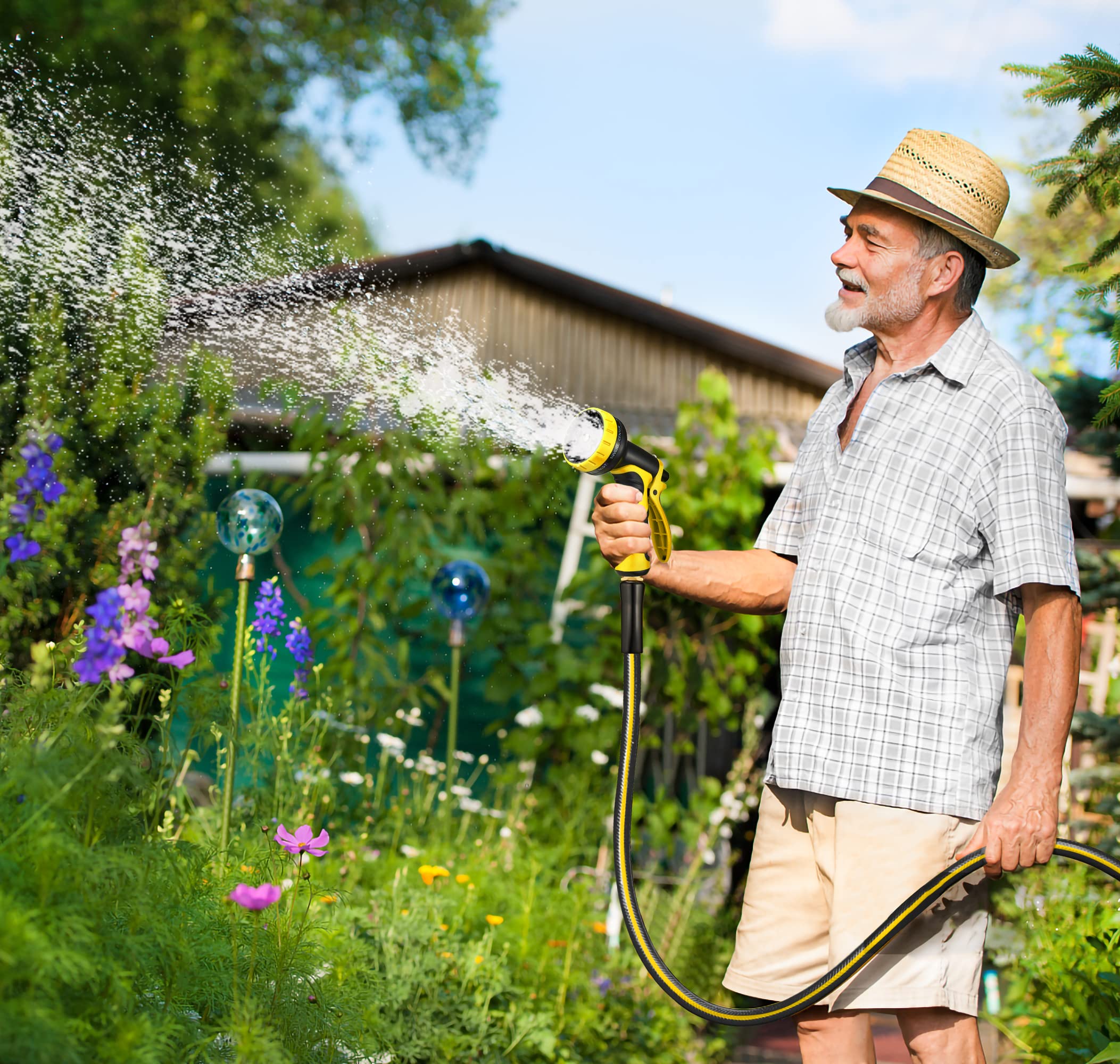 Adimos Hybrid Garden Hose 100 ft x 5/8", Heavy Duty Flexible Lightweight Water Hose 100ft with 10 Function Sprayer Nozzle, 3/4'' Solid Brass Fittings, Ultra Durable, All-weather