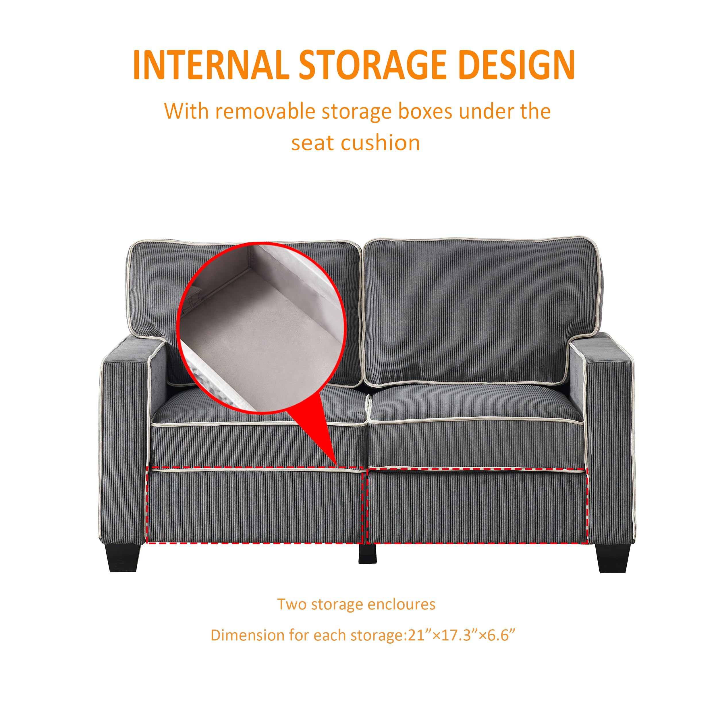 FIQHOME Loveseat Storage,Corduroy Couch Comfort Modern Upholstered Sofa Metal Frame and Solid Wood Legs for Living Room and Bedroom,Light, Dark Grey