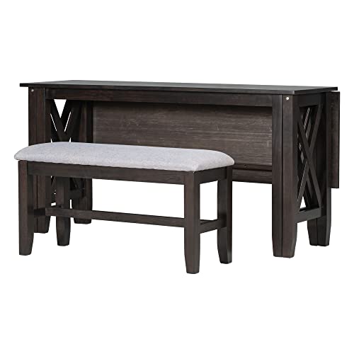 KoiHome Rustic, Family Solid Wood Space Saving 4 Chairs and Bench with Cushion Room, Distressed Finish, Set of 6 (Espresso), 6-Piece Foldable Dining Table Set