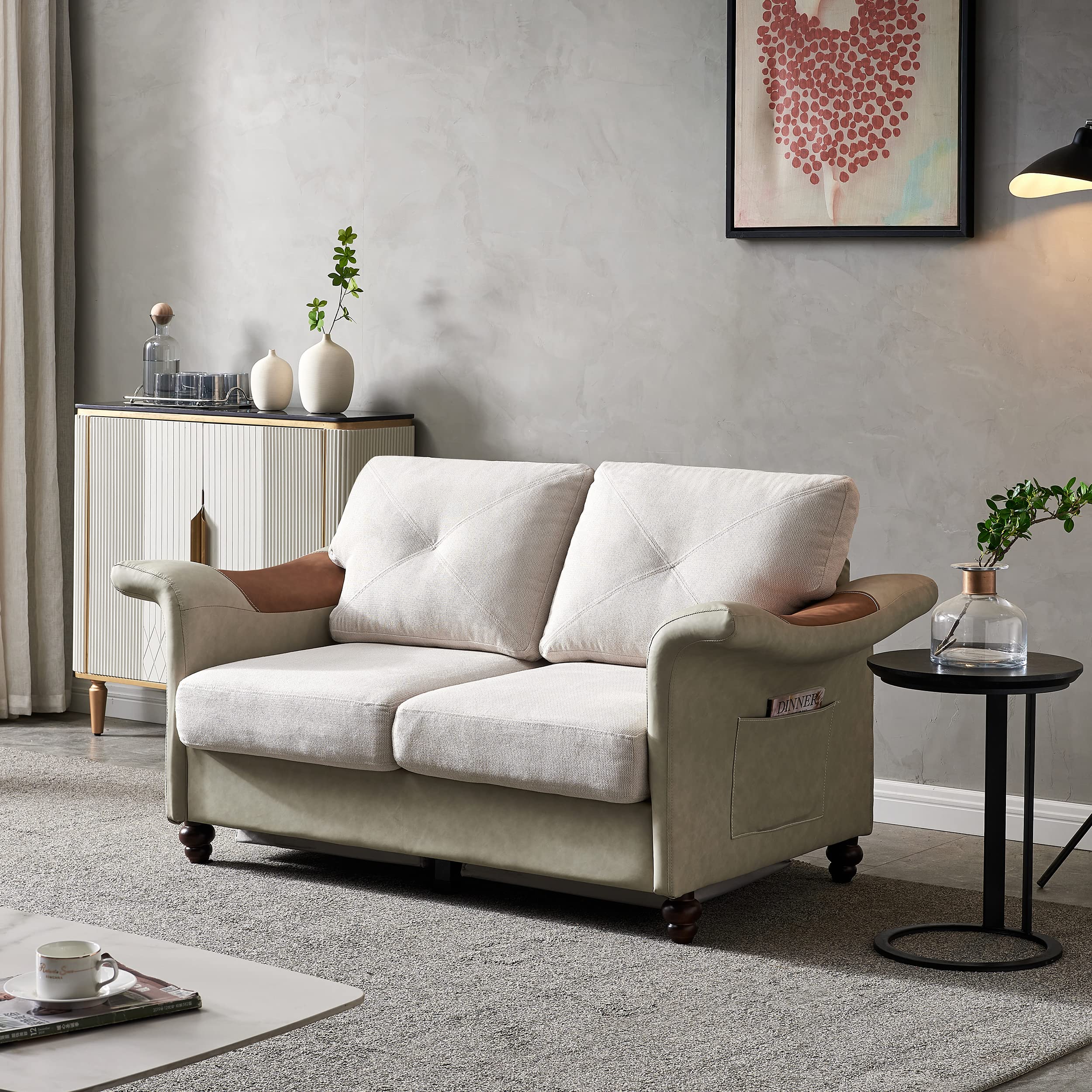 YuiHome Furniture Linen Fabric Faux Leather Solid Wood Legs Upholstered Couches Sets with 2-Seat Sofa, Loveseat for Living Room,Beige