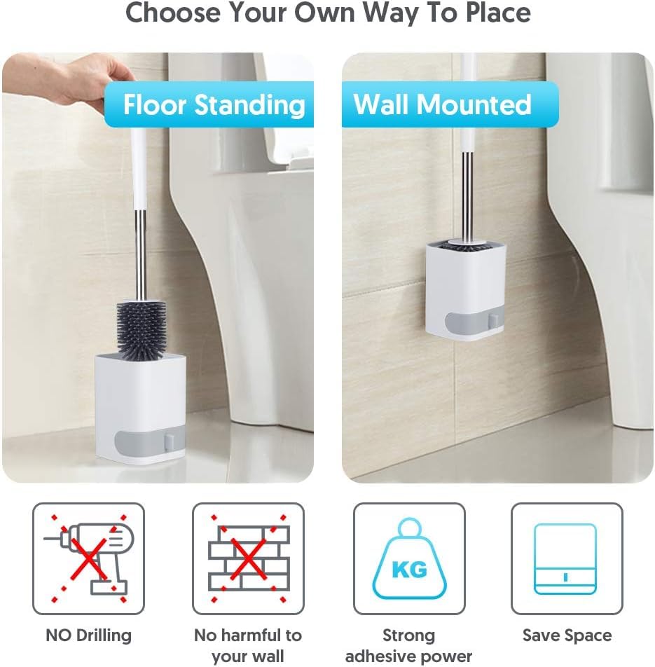 Toilet Brush and Holder Set, Bathroom Toilet Bowl Brush and Caddy Cleaner Anti Slip with Sturdy Soft Silicone Bristle Removable Water Drawer Quick Drying (White)
