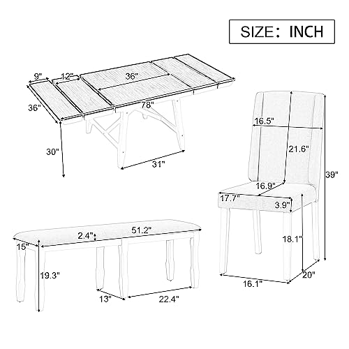 HAUSHECK Classic 4-6, Modern Home Furniture Small Space with Rectangular Extendable Table w/Two 12" W Removable Leaves, Upholstered Bench & Chairs w/Wing Back, Kitchen & Dining Room Sets for 6, White