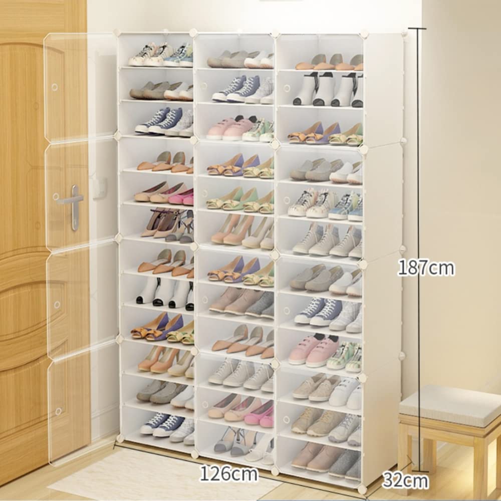 12 Pack Shoe Storage Boxes for 72 Pairs Shoes, Stackable Clear Plastic Shoe Organizer Space Saving Shoe Display Containers with Clear Lids for Women/Men, White