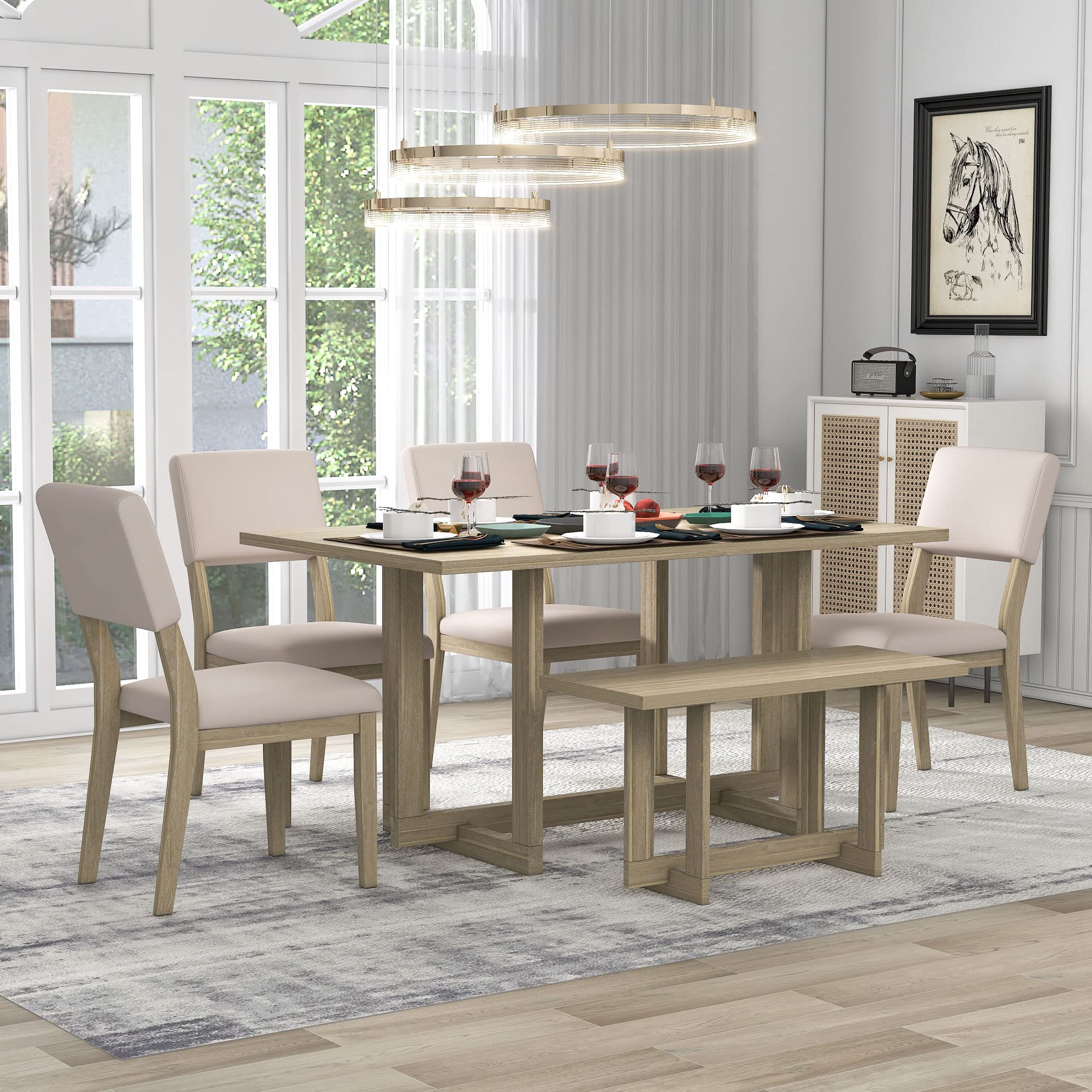 KoiHome 6-Piece Retro H-Shaped Support Design Dining, 4 Chairs with Soft Cushions Bench, Kitchen Table Set for Home/Restaurant Furniture (Natural Wood Wash)