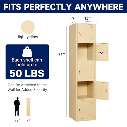 Yizosh Metal Locker with 5 Doors, Tall Steel Storage Lockers for Employees - 71" Locker Storage Cabinets for School, Gym, Home, Office, Garage (Camel)