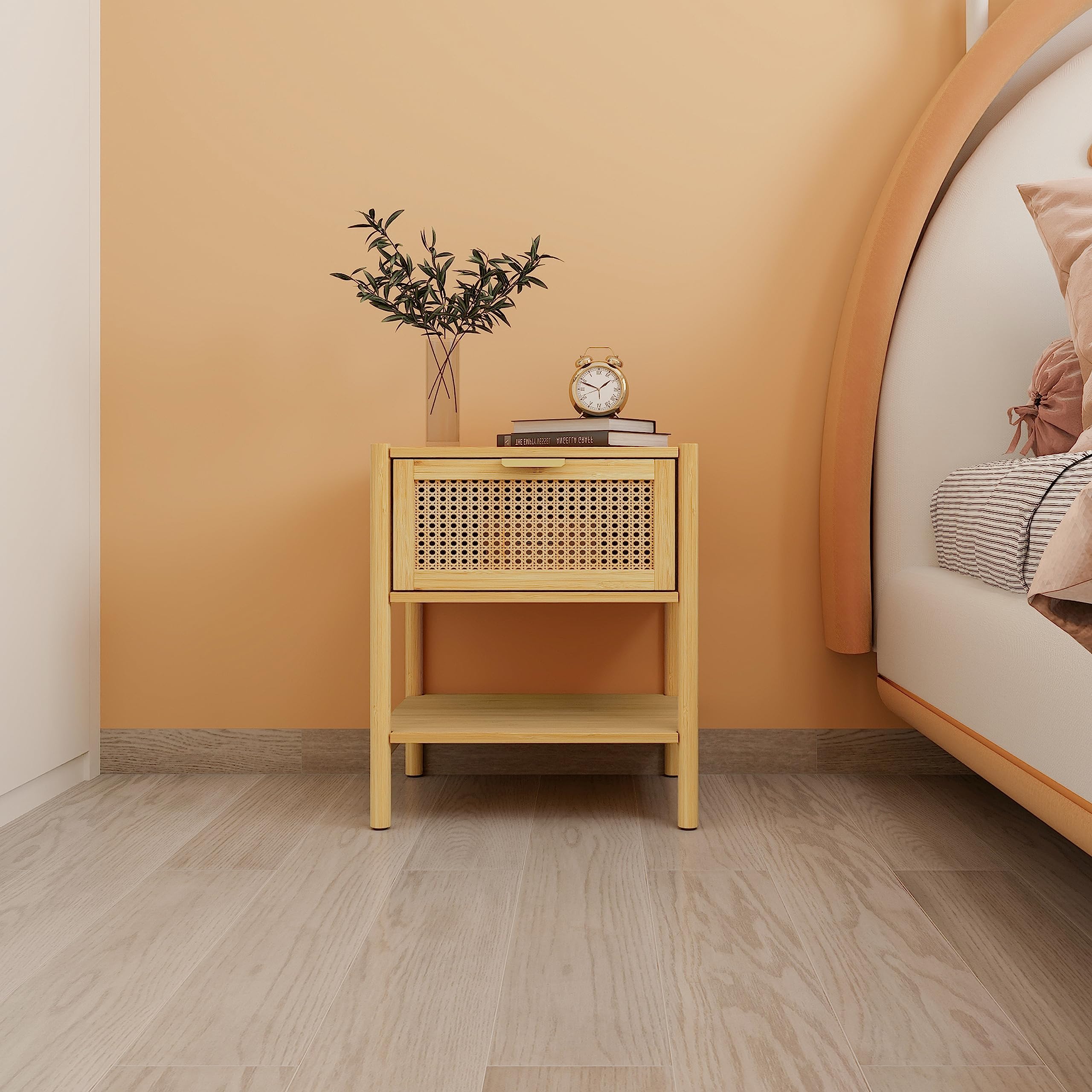 Rattan Nightstand 2 Drawer, Bamboo and Rattan Mid Century Modern Nightstand, Bedside Table Accent End Table Side Table for Bedroom, Living Room (Natural + Bamboo)