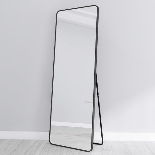 Square Rounded Corners Full Length Mirror Floor Mirror Hanging Standing or Leaning, Bedroom Mirror Wall-Mounted Mirror Dressing Mirror with Black Aluminum Alloy Frame,65" x 22"
