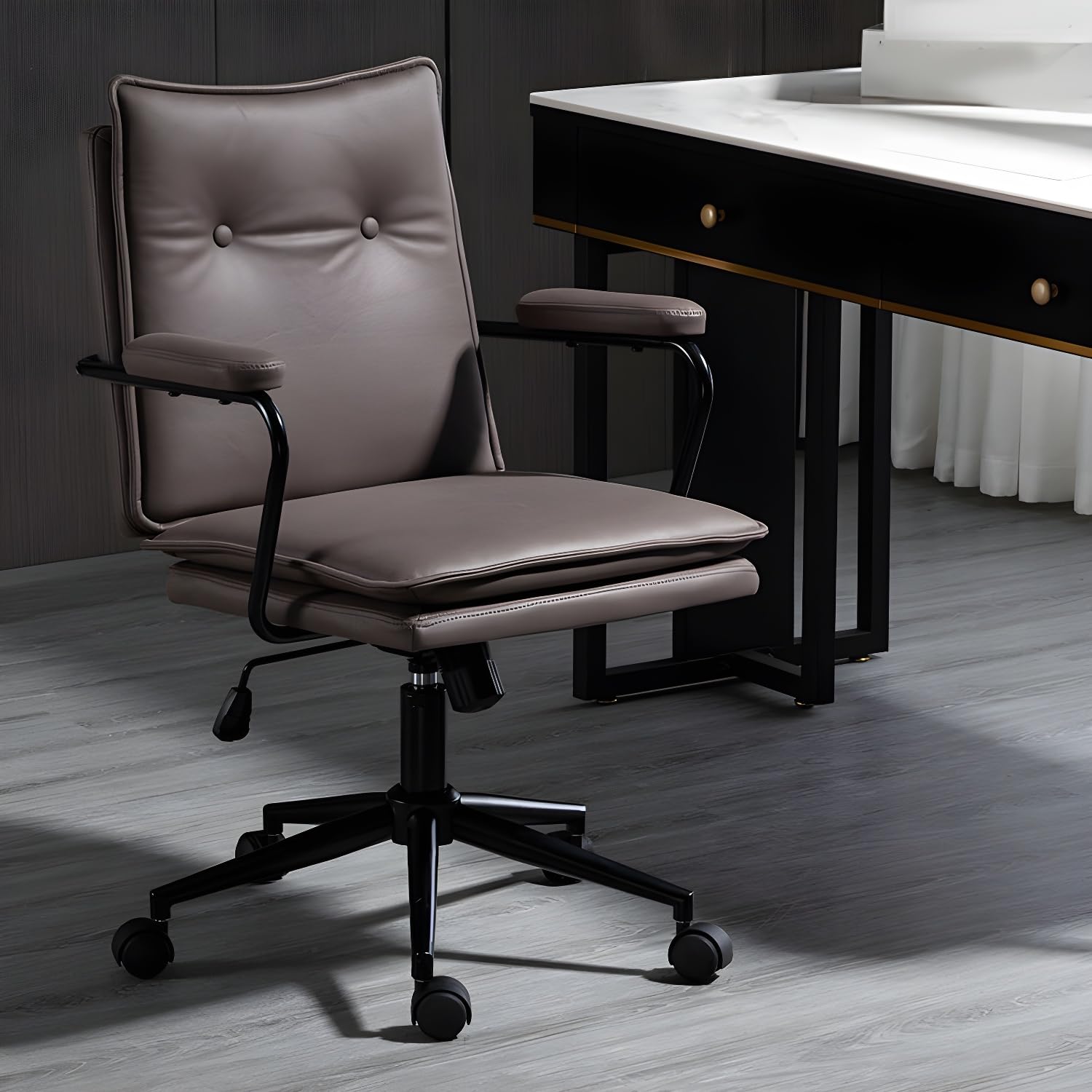 LITFAD Swivel Computer Desk Chair with Padded Arms Black Frame Modern Office Chair Leather Home Office Desk Chair - Black