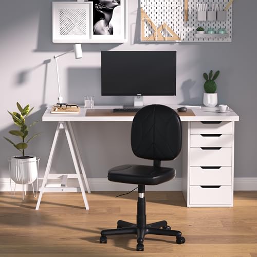 VECELO Small Desk Chair Set of 2, Home Office Chairs Low-Backrest Armless Cushion Seat PU Leather with Adjustable Height 360°Quiet Swivels for Home Office,Black
