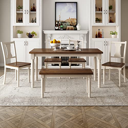 KoiHome 6-Piece Classic Wood 4 Chairs with Bench, East-West Family Furniture Dining Table Set for Restaurant, Kitchen (Brown+Cottage White)