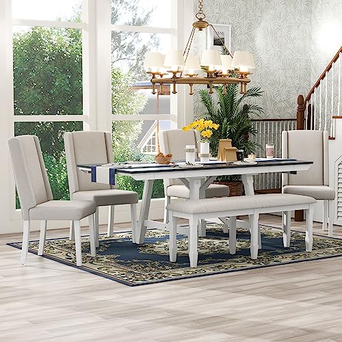 HAUSHECK Classic 4-6, Modern Home Furniture Small Space with Rectangular Extendable Table w/Two 12" W Removable Leaves, Upholstered Bench & Chairs w/Wing Back, Kitchen & Dining Room Sets for 6, White