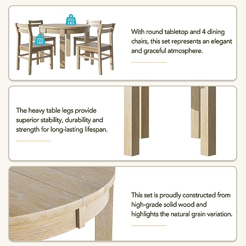 Lonfencr Round Dining Table Set for 4, Circle or Oval Extendable Table with 4 Dining Chairs,5 Piece Kitchen Table Set with Drawer, Dining Room Set for Apartment,Bistros and Farmhouse,Natural