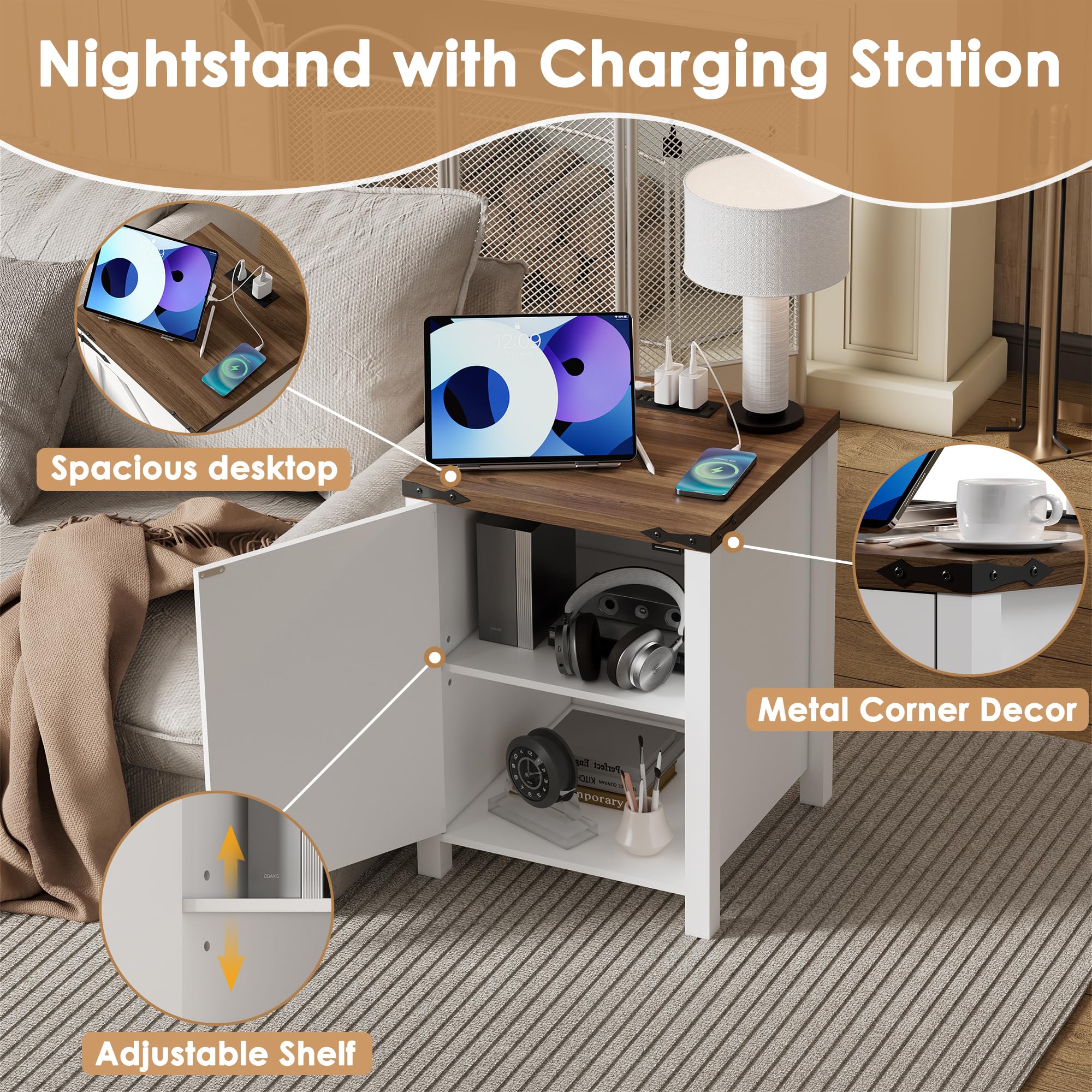 PakaLife Farmhouse End Table with Charging Station, 17.7" Side Tables Living Room with Barn Door & Adjustable Shelf, Bed Side Table/Nightstand w/Magnetic Door for Bedroom