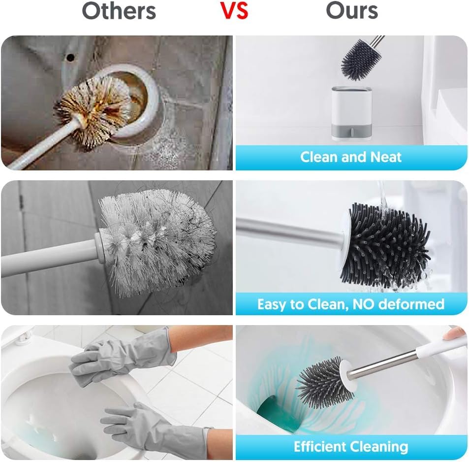 Toilet Brush and Holder Set, Bathroom Toilet Bowl Brush and Caddy Cleaner Anti Slip with Sturdy Soft Silicone Bristle Removable Water Drawer Quick Drying (White)