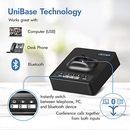 Leitner LH370 β Wireless DECT Office Headset with Bluetooth for Desk Phone, Computer and Bluetooth Device β Works with 99% of Landline Phones, PCs, and Cell Phones (USB, Phone Jack, and Bluetooth)