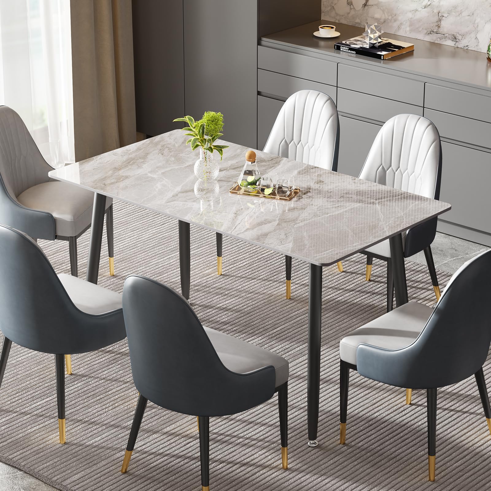 ZL ZELing Dining Table with Marble Sintered Stone Table Top and Metal Legs, Gray 55" Rectangular Kitchen Table, Dinner Table for Dining Room