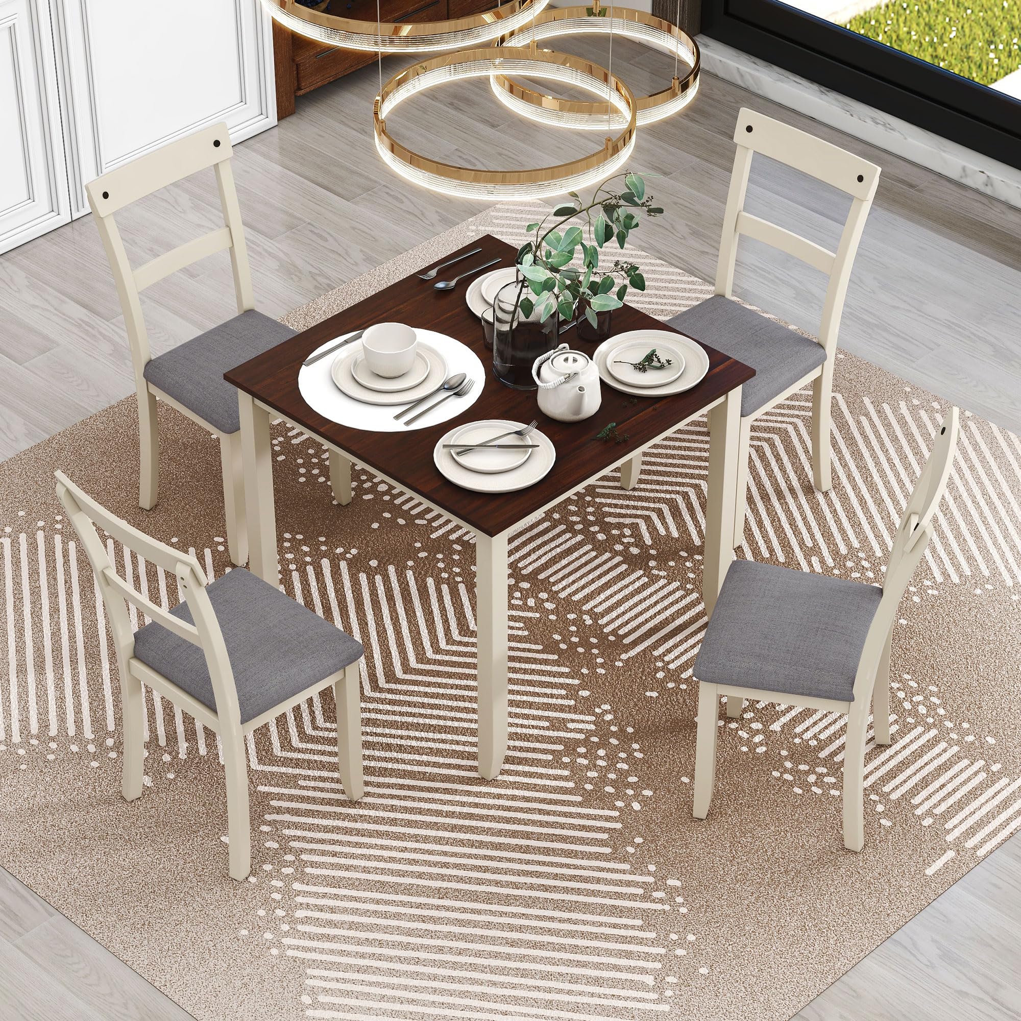 POCIYIHOME 5 Piece 5-Pc East-West Industrial 4 Excellent Chairs with Gray Cushion, Modern Kitchen Table Sets with Wood Legs for Dining Room, Retro Style, Brown+Cottage White