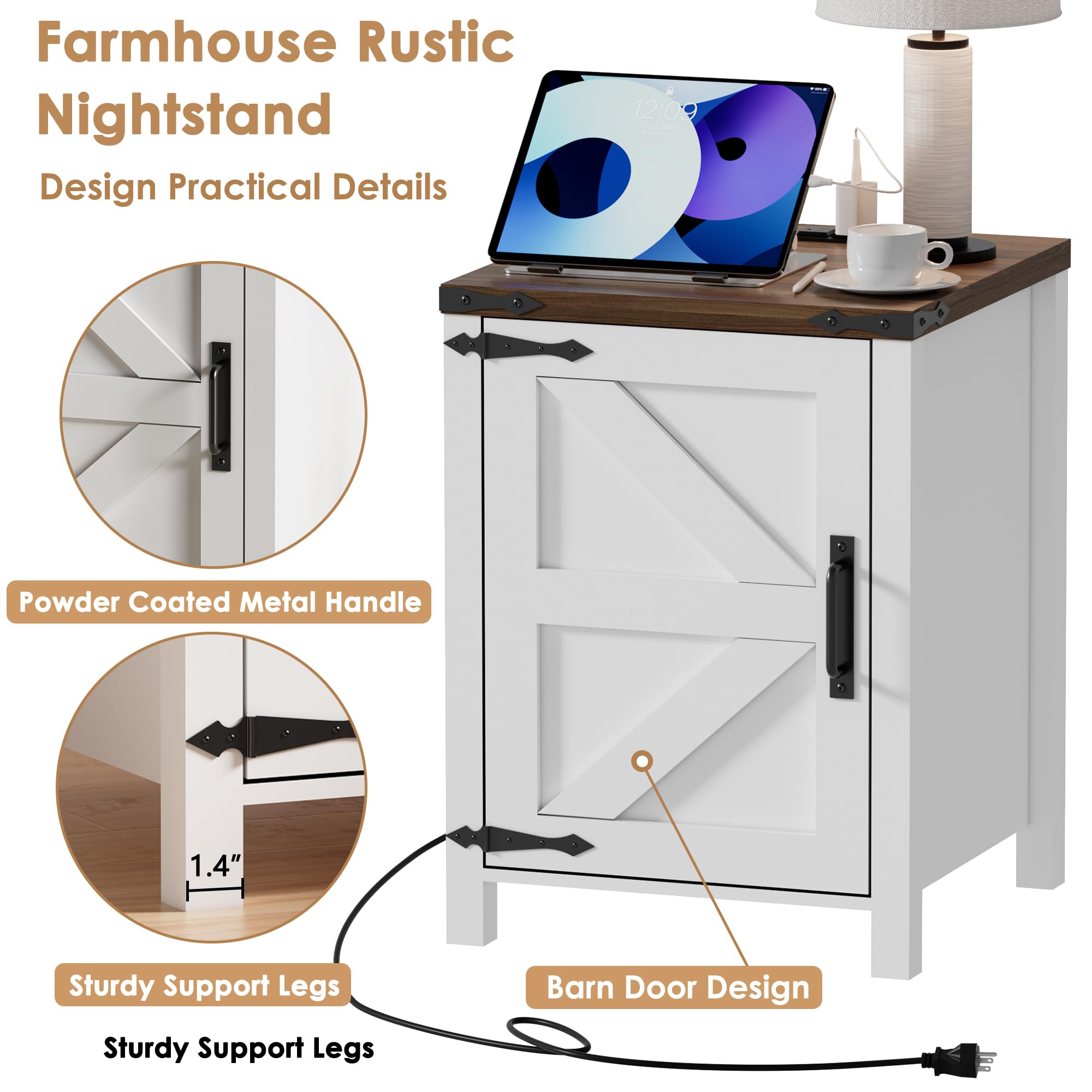 PakaLife Farmhouse End Table with Charging Station, 17.7" Side Tables Living Room with Barn Door & Adjustable Shelf, Bed Side Table/Nightstand w/Magnetic Door for Bedroom
