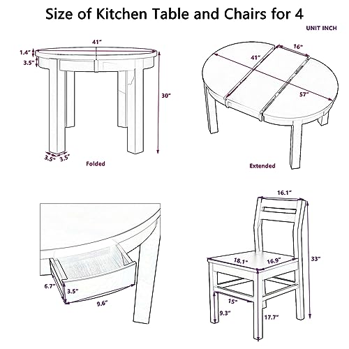Lonfencr Round Dining Table Set for 4, Circle or Oval Extendable Table with 4 Dining Chairs,5 Piece Kitchen Table Set with Drawer, Dining Room Set for Apartment,Bistros and Farmhouse,Natural
