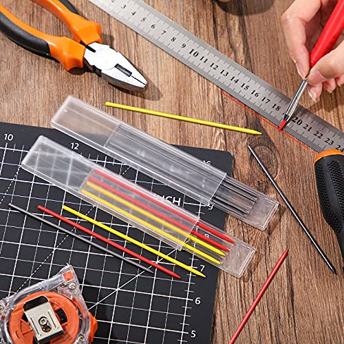 Hiboom 3 Pack Solid Carpenter Pencil with 21 Refill, Long Nosed Deep Hole Mechanical Pencil Marker with Built in Sharpener for Carpenter Fathers Day Gift (Yellow, Red, Black Cover)