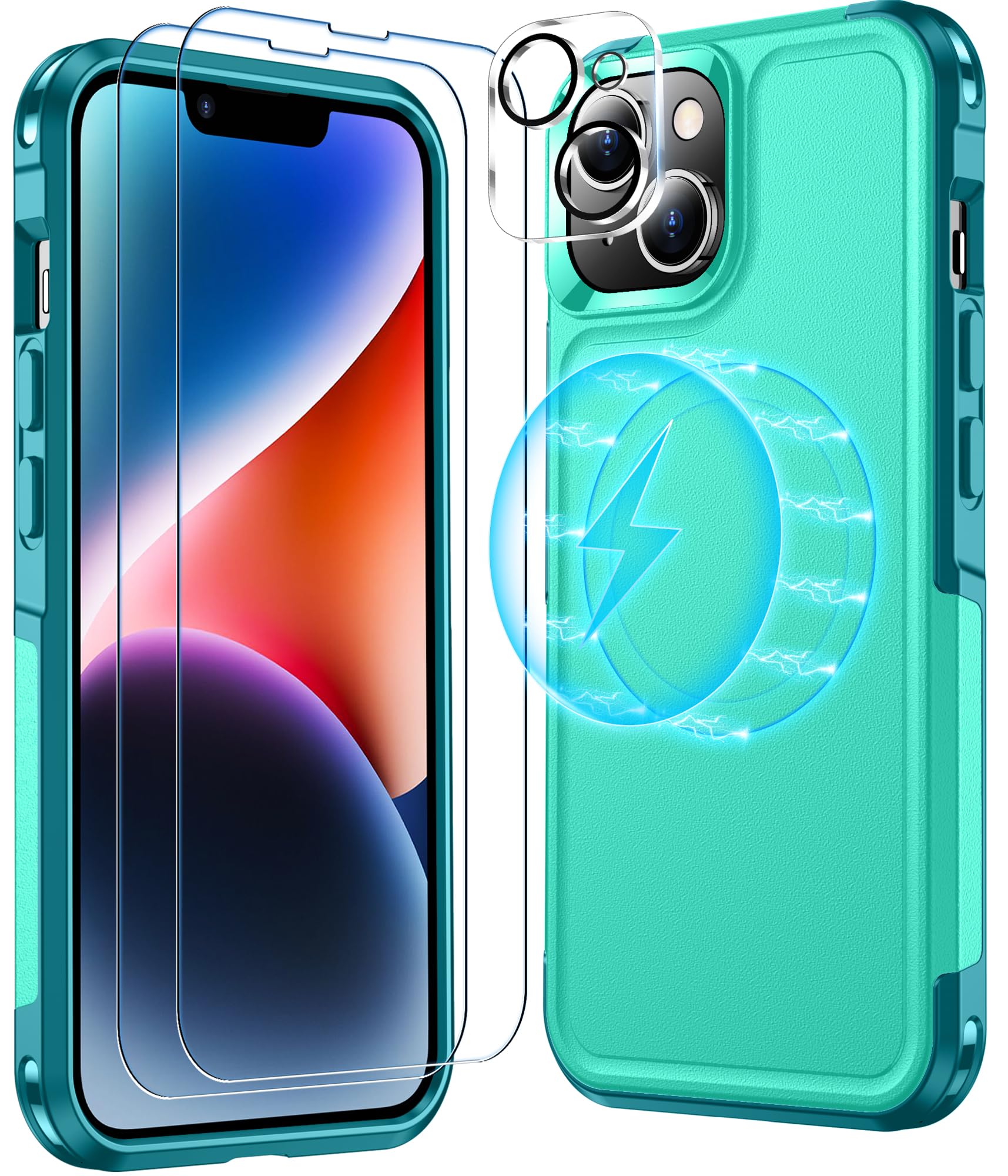 Red2Fire Magnetic for iPhone 14 Plus Case [Compatible with Magsafe][Military Grade Drop Protection][2X Glass Screen Protector+2X Camera Lens Protector] Shockproof Protective Case - Light Green