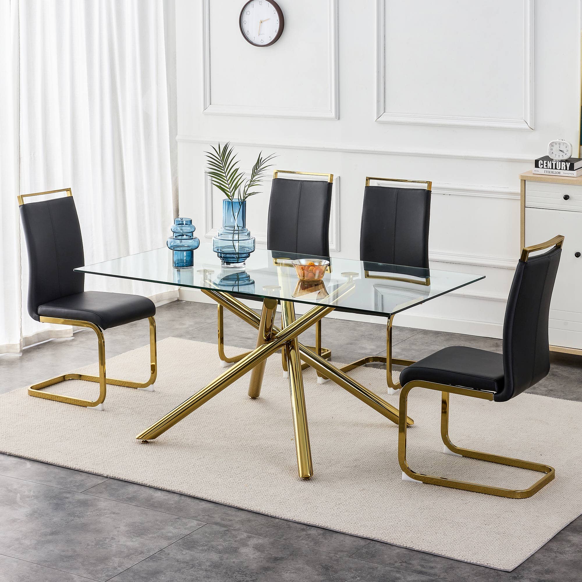 WEKEOT Modern 71’’ Dining Table Set for 6 Kitchen Table Set Kitchen Table and Chairs Tempered Glass Table and Chairs Dining Room Table Set comedor de 6 sillas y mesa(Golden Table, 6 Black Chairs)